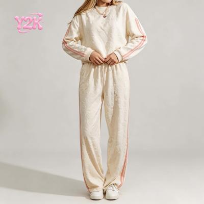 China Custom Women's Textured Terry Top Wide Leg Stripe Pants Set for sale