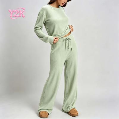 China Custom Women's Ribbed Knit Top Wide Leg Pants Lounge Set for sale