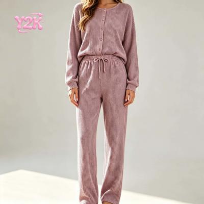 China Custom Women's Waffle Knit Henley Top Wide Leg Pants Set for sale