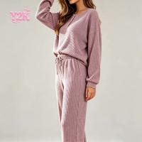 China Custom Women's Waffle Knit Henley Top Wide Leg Pants Set for sale