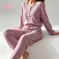 China Custom Women's Waffle Knit Henley Top Wide Leg Pants Set for sale