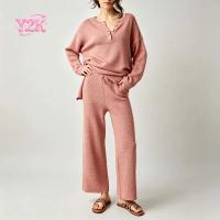 China Custom Women's Waffle Henley Top Cropped Wide Leg Pants Set for sale