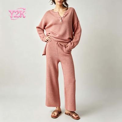 China Custom Women's Waffle Henley Top Cropped Wide Leg Pants Set for sale