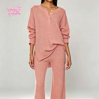 China Custom Women's Waffle Henley Top Cropped Wide Leg Pants Set for sale