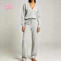 China Custom Women's Waffle V Neck Top Drawstring Pants Lounge Set for sale