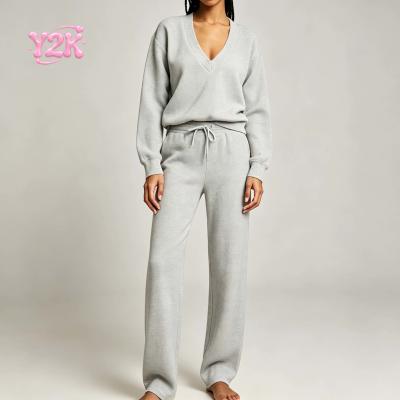 China Custom Women's Waffle V Neck Top Drawstring Pants Lounge Set for sale