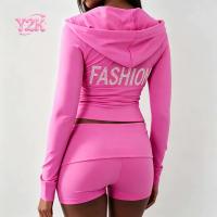 China Custom Fuchsia Fashion Print Zip Up Hoodie & Mini Shorts Set for sale