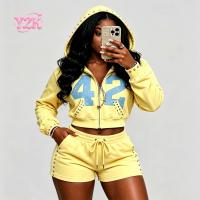 China Custom Yellow Graphic Zip Up Hoodie & Mini Shorts Lounge Set for sale