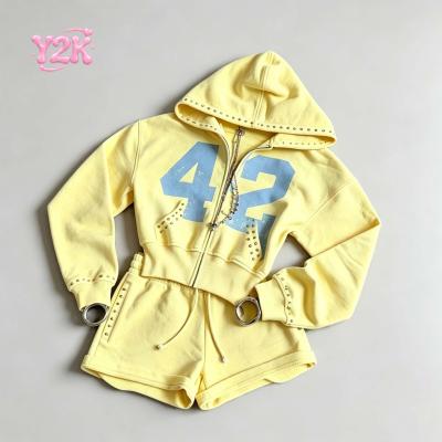China Custom Yellow Graphic Zip Up Hoodie & Mini Shorts Lounge Set for sale