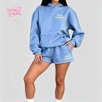 China Custom Light Blue Hoodie & Shorts Oversized Loungewear Set for sale