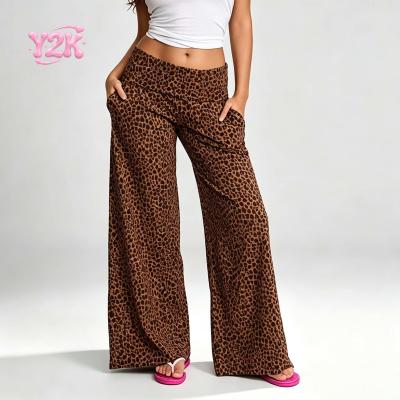 China Custom Women's Leopard Print Fold Over Wide Leg Lounge Pants for sale