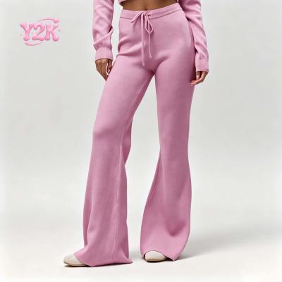China Custom Women's Knitted Drawstring Waist Wide Leg Lounge Pants for sale