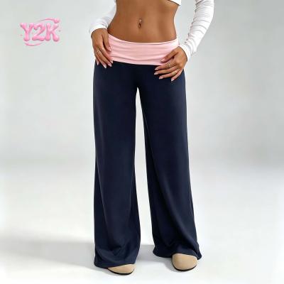 China Custom Women's Contrast Fold Over Waist Wide Leg Lounge Pants for sale