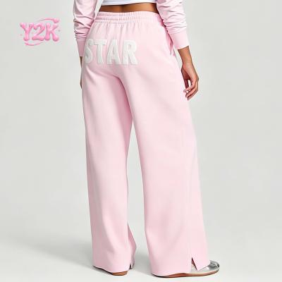 China Custom Women's Drawstring Fleece Wide Leg Split Hem Sweatpants for sale