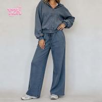 China Custom Women's Acid Wash Zip Hoodie Wide Leg Pants Tracksuit for sale
