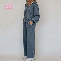 China Custom Women's Acid Wash Zip Hoodie Wide Leg Pants Tracksuit for sale