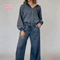 China Custom Women's Acid Wash Zip Hoodie Wide Leg Pants Tracksuit for sale