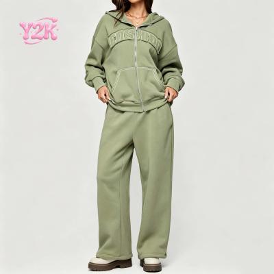 China Custom Women's Varsity Applique Zip Hoodie Wide Leg Pants Set for sale