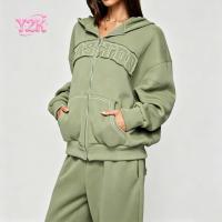 China Custom Women's Varsity Applique Zip Hoodie Wide Leg Pants Set for sale