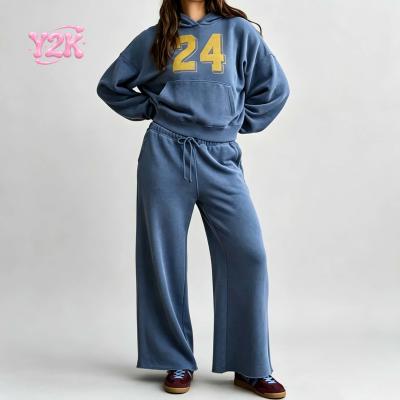 China Custom Women's Varsity Number Hoodie Wide Leg Sweatpants Set for sale