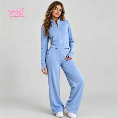 China Custom Women's Contrast Piping Jacket Wide Leg Pants Set for sale