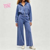 China Custom Women's Washed Zip Hoodie Wide Leg Sweatpants Set for sale