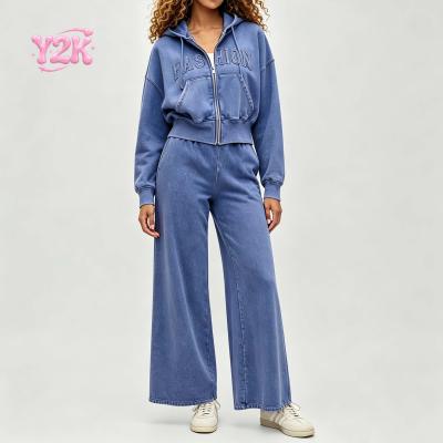 China Custom Women's Washed Zip Hoodie Wide Leg Sweatpants Set for sale