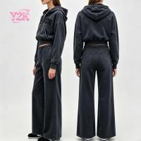 China Custom Women's Washed Zip Hoodie Wide Leg Sweatpants Set for sale