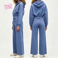 China Custom Women's Washed Zip Hoodie Wide Leg Sweatpants Set for sale