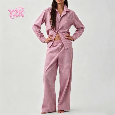 China Custom Women's Checkered Shirt Wide Leg Lounge Pants Set for sale