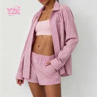 China Custom Women's Checkered Shirt Wide Leg Lounge Pants Set for sale