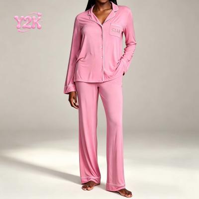 China Custom Women's Contrast Piping Shirt Wide Leg Pajama Set for sale