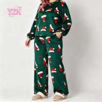 China Custom Women's Christmas Hat Print Plush Lounge Pajama Set for sale