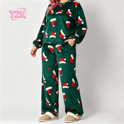 China Custom Women's Christmas Hat Print Plush Lounge Pajama Set for sale
