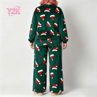 China Custom Women's Christmas Hat Print Plush Lounge Pajama Set for sale