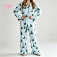 China Custom Women's Christmas Tree Print Ruffle Cuff Pajama Set for sale