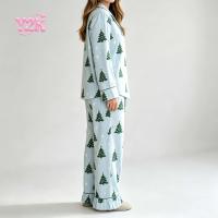China Custom Women's Christmas Tree Print Ruffle Cuff Pajama Set for sale