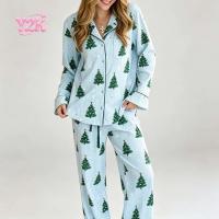 China Custom Women's Christmas Tree Print Ruffle Cuff Pajama Set for sale