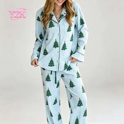 China Custom Women's Christmas Tree Print Ruffle Cuff Pajama Set for sale