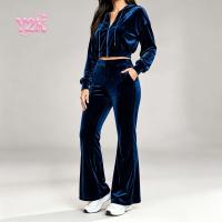 China Custom Women's Cropped Velour Hoodie Flare Pants Tracksuit Set for sale
