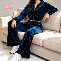 China Custom Women's Cropped Velour Hoodie Flare Pants Tracksuit Set for sale