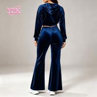 China Custom Women's Cropped Velour Hoodie Flare Pants Tracksuit Set for sale