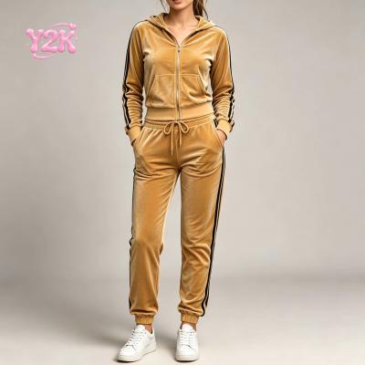 China Custom Women's Side Stripe Velour Hoodie Jogger Tracksuit Set for sale