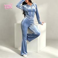 China Custom Women's Slim Velour Zip Hoodie Flare Pants Tracksuit Set for sale