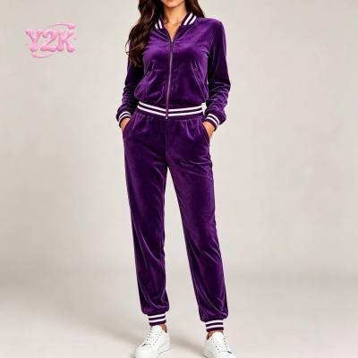 China Custom Women's Striped Trim Velour Jacket Jogger Tracksuit Set for sale
