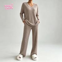 China Custom Women's Ribbed V Neck Top Wide Leg Lounge Pants Set for sale