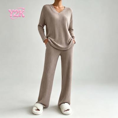 China Custom Women's Ribbed V Neck Top Wide Leg Lounge Pants Set for sale