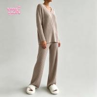 China Custom Women's Ribbed V Neck Top Wide Leg Lounge Pants Set for sale