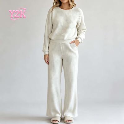 China Custom Women's Quilted Knit Top Wide Leg Lounge Pants Set for sale