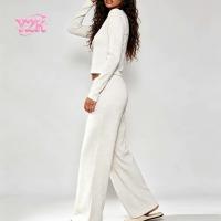 China Custom Women's Textured Crop Top Wide Leg Lounge Pants Set for sale